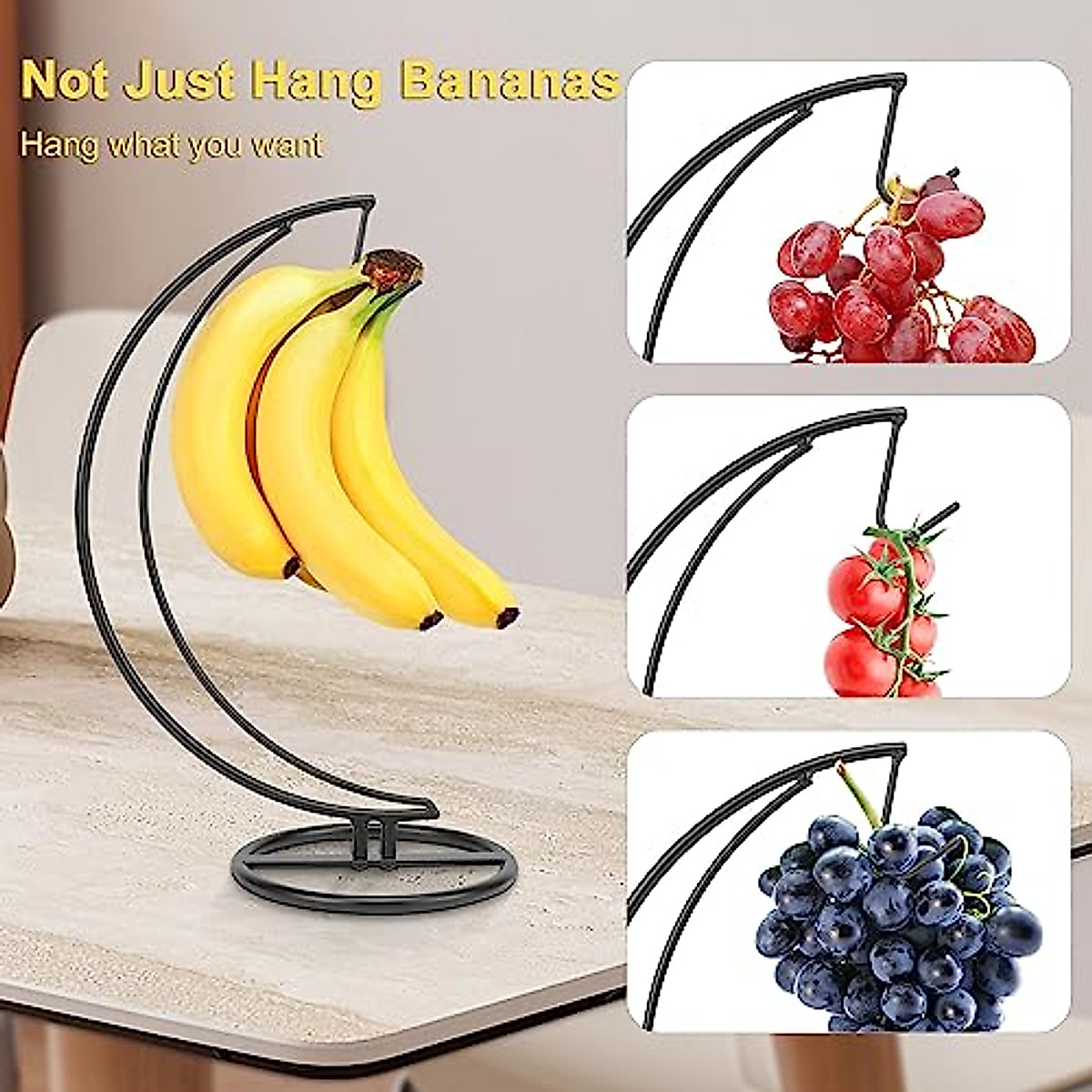 Winmien Banana Holder Stand, Stable Metal Freestanding Banana Hanger with Hook, Moon Shape Modern Banana Storage Design, Keep Fruits Fresh, Banana Keeper for Kitchen Countertop (Black)