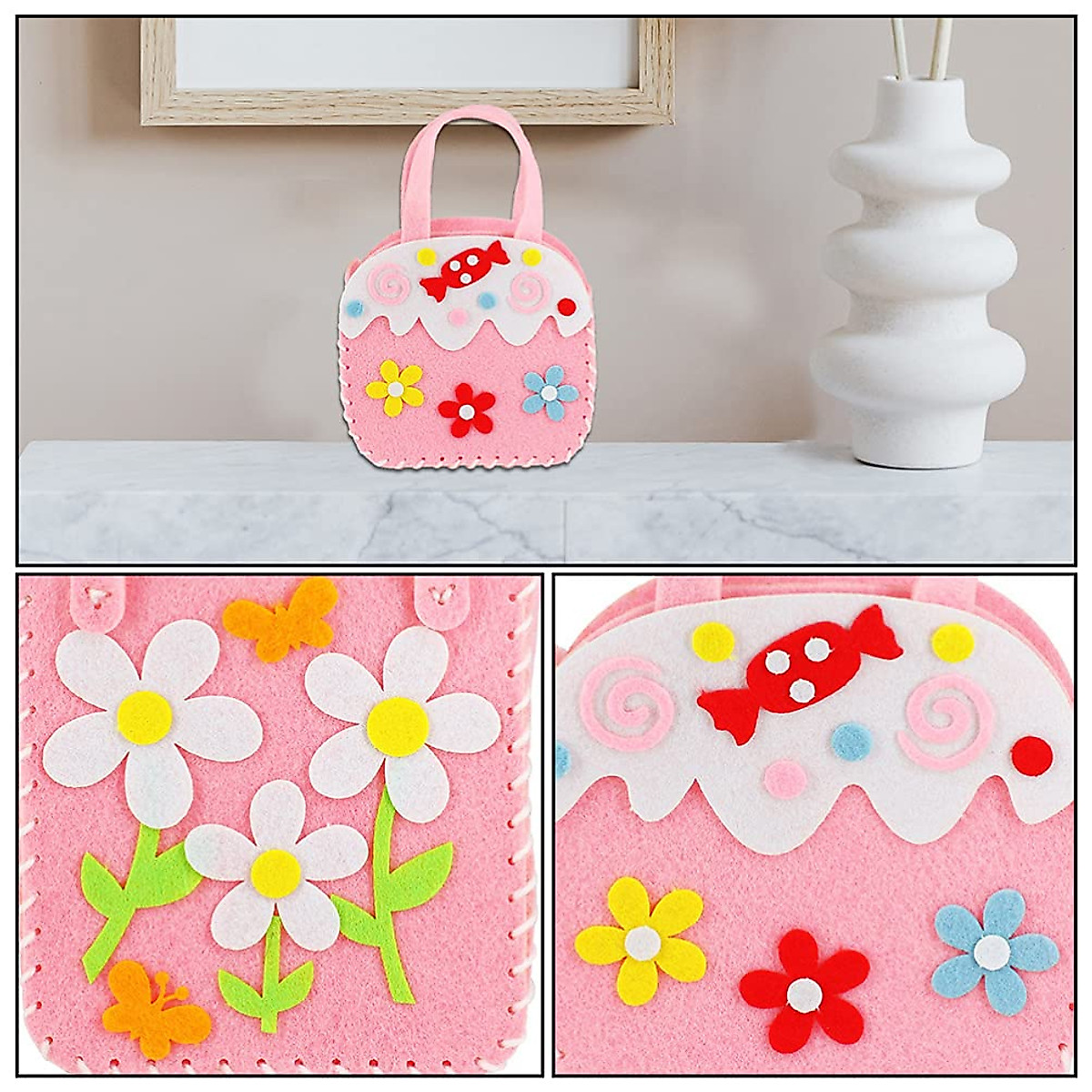 TOYANDONA 6 Sets Kids DIY Art Craft Cartoon Felt Owl Flower Strawberry Cake Girl Handbag Stitch Needle Thread Felt Non Woven Handbag for Beginner Children Girls Boy