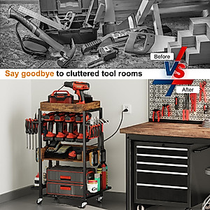 Utility Tool Storage on Wheel-Rolling Cart Organizer Power Tool Storage with Charging Station Garage Tool Box Holder Heavy Duty Tool Organization-Cart Drill Set Batteries Hanging Stand for Men Gift