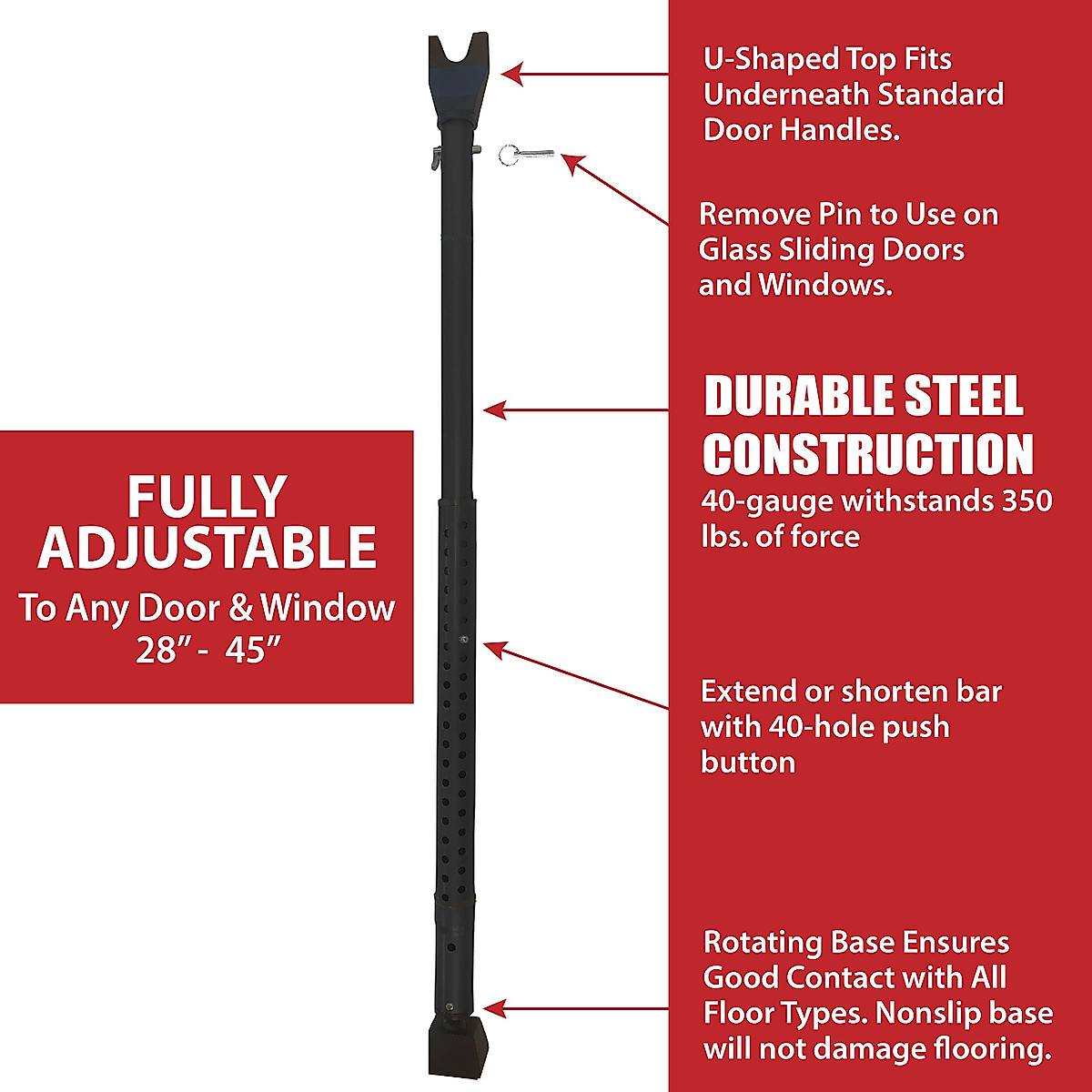 Product Trend Dual Security Bar, 1-Set Adjustable-Length Portable Strong Door Bar for Hinged and Sliding Patio Doors and Windows, Home Safety and Travel Security, Extends 28 Inches to 45 Inches, Black