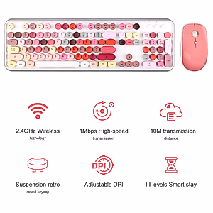 SADES V2020 White Colorful Wireless Keyboard with Round Keycaps,2.4GHz Dropout-Free Connection,Long Battery Life,Cute Wireless Moues for PC/Laptop/Mac