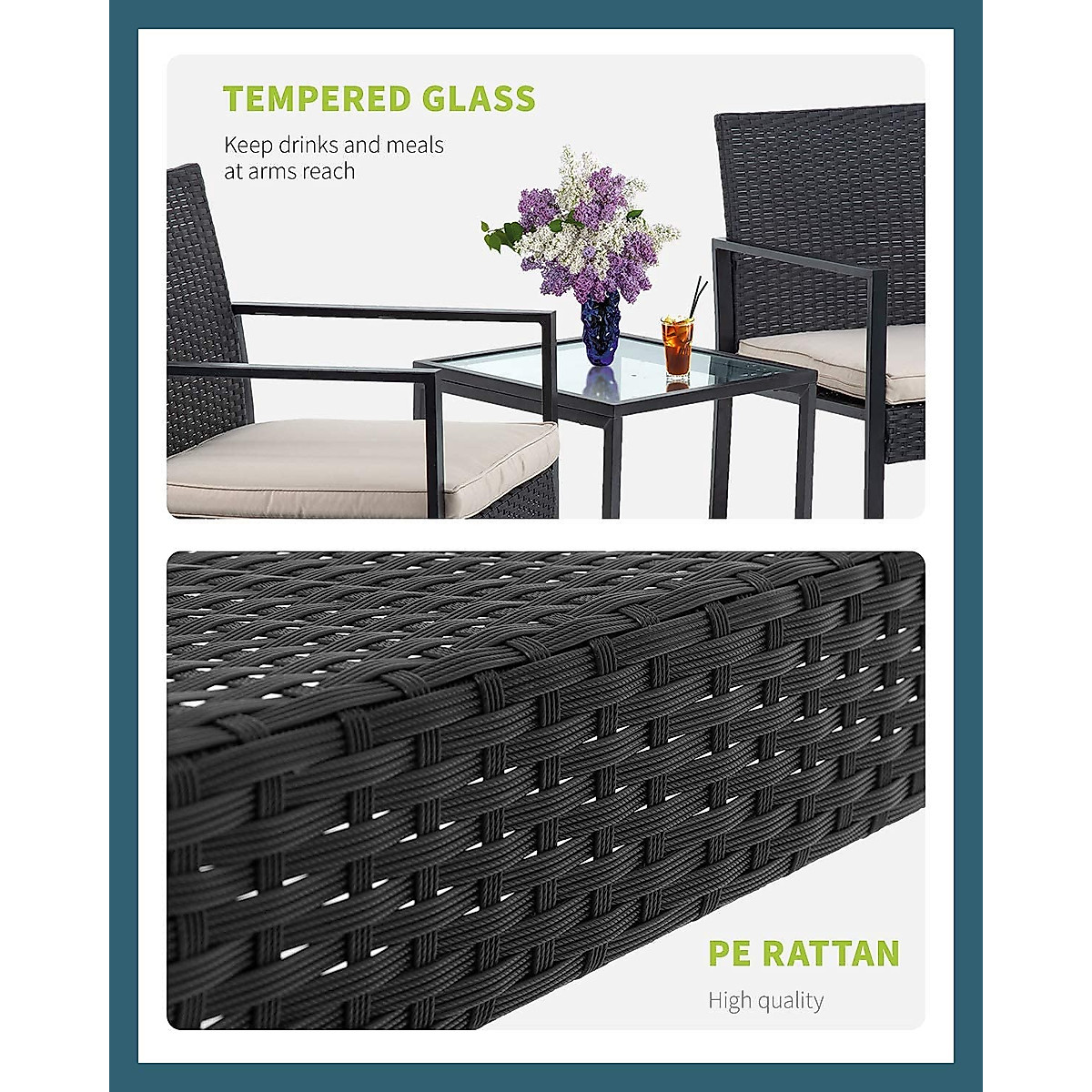 FDW 3 Pieces Outdoor Patio Furniture Wicker Bistro Rattan Chair Conversation Sets for Yard Lawn Balcony Poolside Backyard,Black