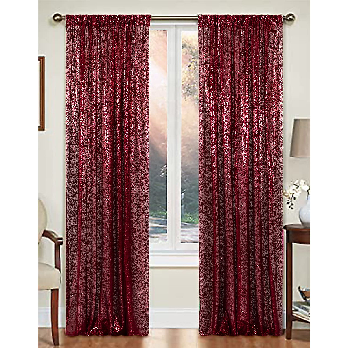 AMZLOKAE Sequin Curtains 2 Panels 2FTx8FT Burgundy Sequin Curtain Backdrop Sequin Window Curtains Photography Backdrop Glitter Shower Curtains Party Backdrop Wine Sparkle Backdrop Christmas Decor