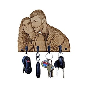 Ozinna Personalized Key Holder with Photo Frame for Wall Decorative Custom Picture Wooden Key Hangers for Rustic Home Decor, Key Organizer Mount with 4 Hooks Decorative Family Sign (Wooden Key Hooks)