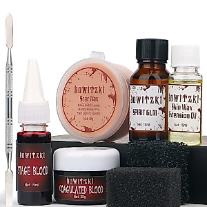 Bowitzki Halloween SFX Makeup Kit Scar Wax Special Effect Makeup,Scab Blood + Spirit Gum + Skin Wax + 2 Stipple Sponges + Extension Oil + Spatula + Fake Blood