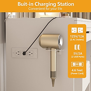 Fameill Vanity Desk with Lighted Mirror & Power Strip,Large Vanity Table with Glass top and Lots Storage,3 Drawer Makeup Desk with Hair Dryer Stand,3 Lighting Modes,White