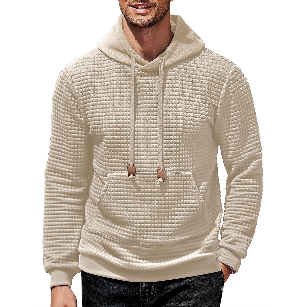 COOFANDY Men's Quilted Sweatshirt Casual Long Sleeve Outdoor Hoodies Pullover Hooded Khaki 3X-Large