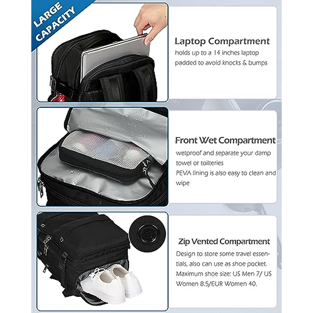 Hynes Eagle 2 in 1 Rolling Backpack 42L Backpack with Wheels Airline Approved Carry on Luggage Laptop Travel Backpack for Women Men Black with 20L Personal Item Underseat Bag Black