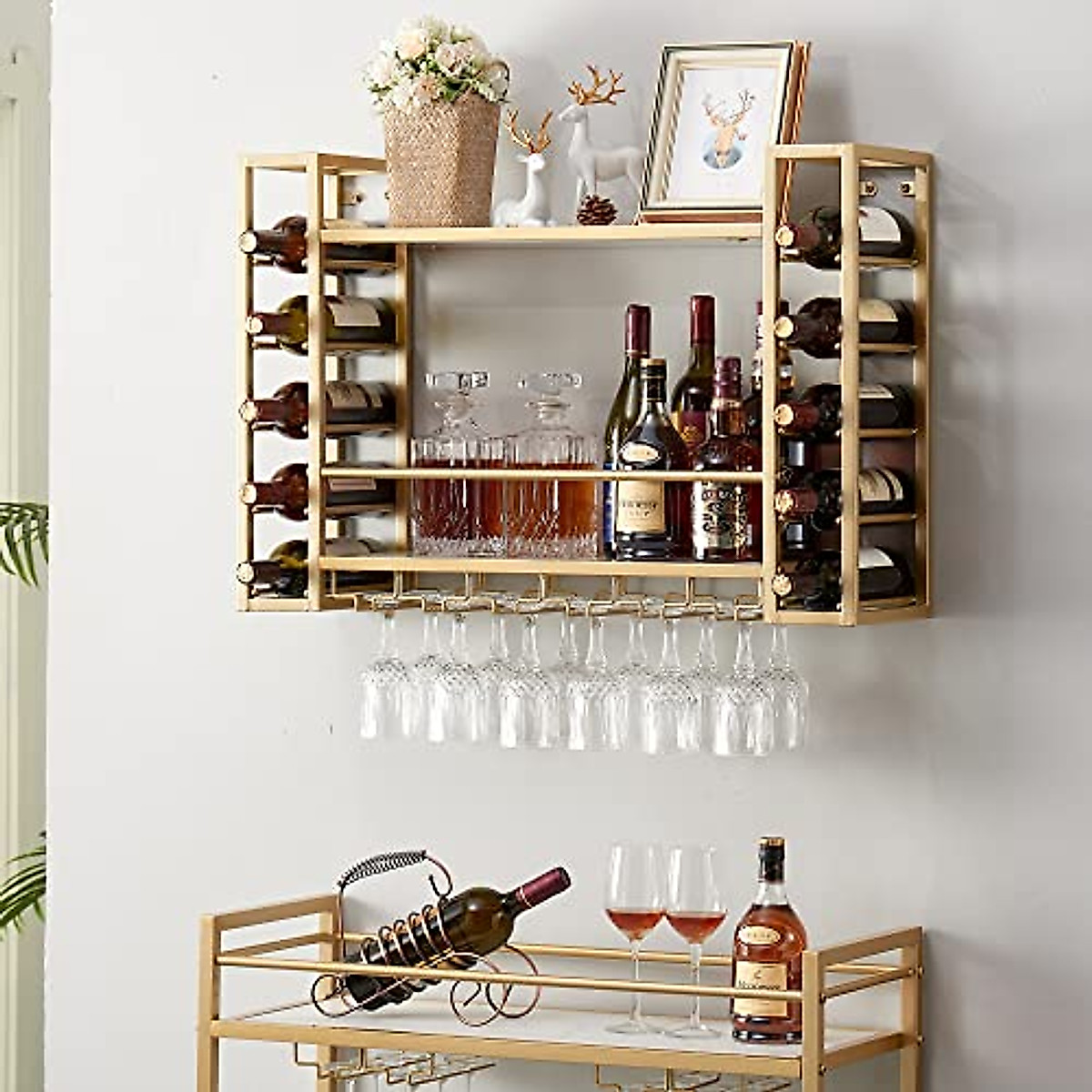 GOLASON Wall Mounted Wine Rack with Glass Holder, Metal Bottle Holder Wine Storage Display Shelf for Home Bar Dining Room Kitchen (31.5 Inch, Faux Marble)
