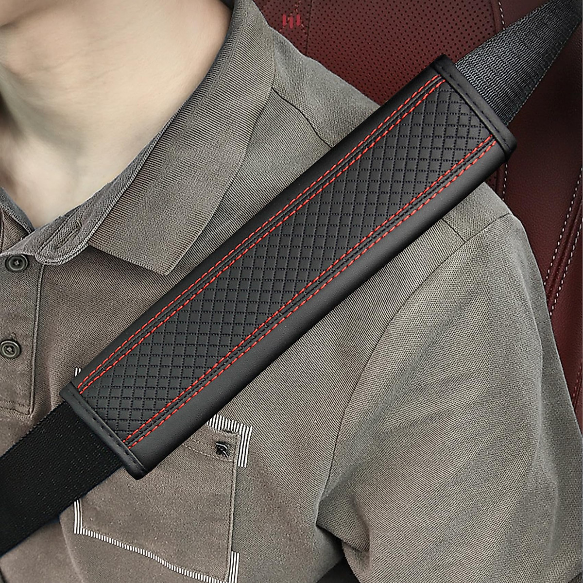 USTOPF1T 2Pack Car Seat Belt Cover, Breathable Leather Seatbelt Shoulder Pad, Protect Your Neck and Shoulder, Univrisal for Car Truck SUV, Driving More Comfortable (Black+Red)