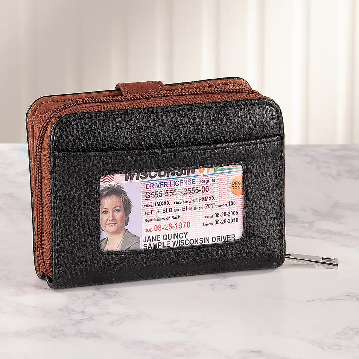 Fox Valley Traders B.AmiciTM Caryn RFID Zip-Around Leather Wallet, Black/Tan