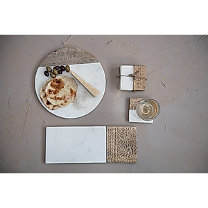 Creative Co-Op Contemporary Mango Wood and Marble Serving Engraved Design Cutting Board, 12" Round, White & Natural