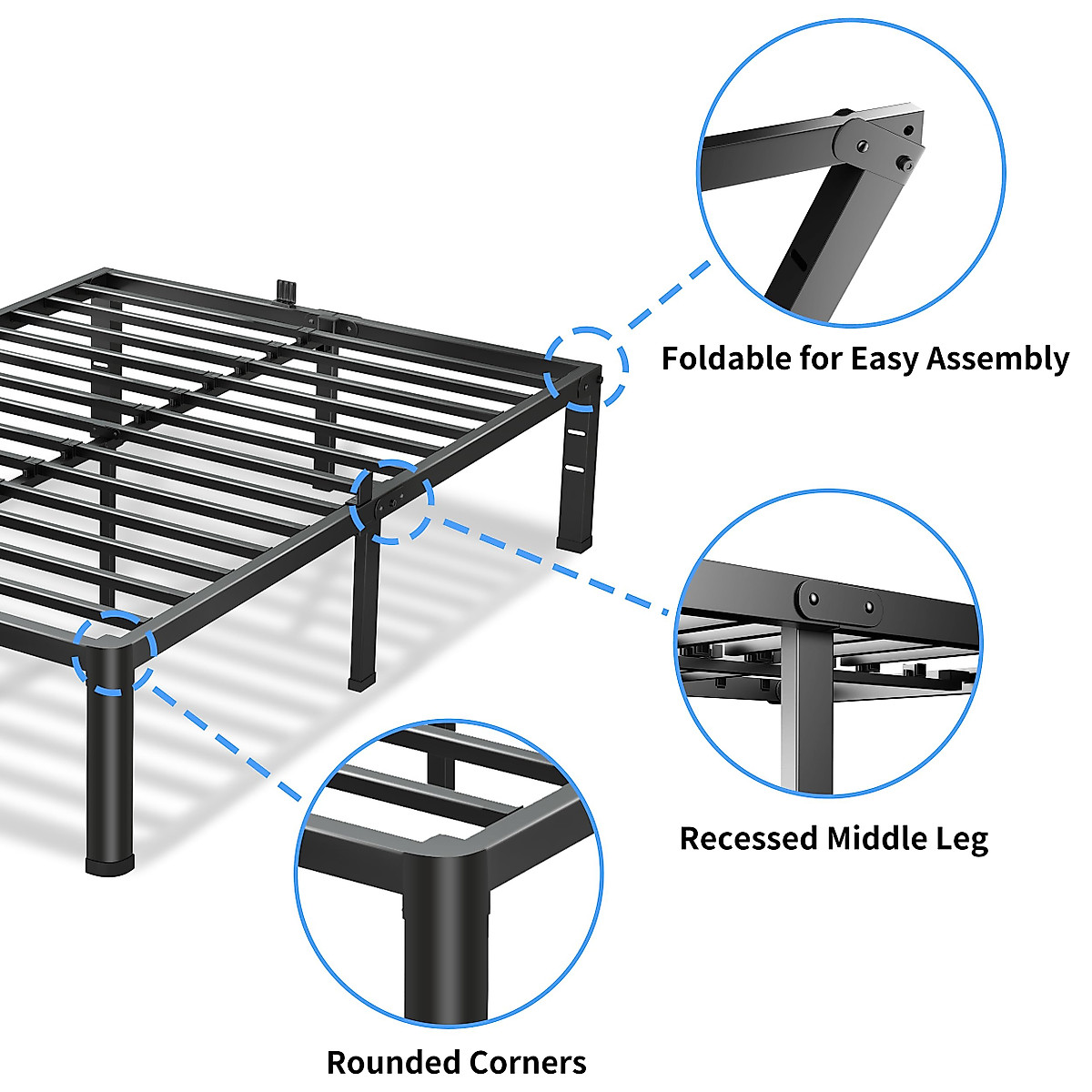 VIPSHOW 18 Inch Queen Bed Frame, 3500Lbs Heavy Duty Metal Platform with Round Corner Legs Mattress Slide Stopper, Steel Slat Support No Box Spring Needed, Noise Free, Non-Slip, Easy Assembly