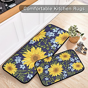 Sunflowers Navy Background Kitchen Rugs and Mats Set 2 Piece Non Slip Washable Runner Rug Set of 2 for Floor Home Decor Sink Kitchen Laundry
