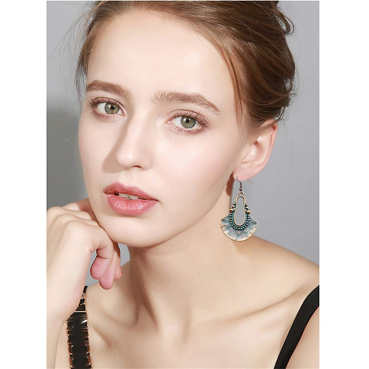Boho Chic Handmade Hollow Shield Shape with Hammered Drop Earrings Vintage Statement Dangle Earring For Women (Bronze)