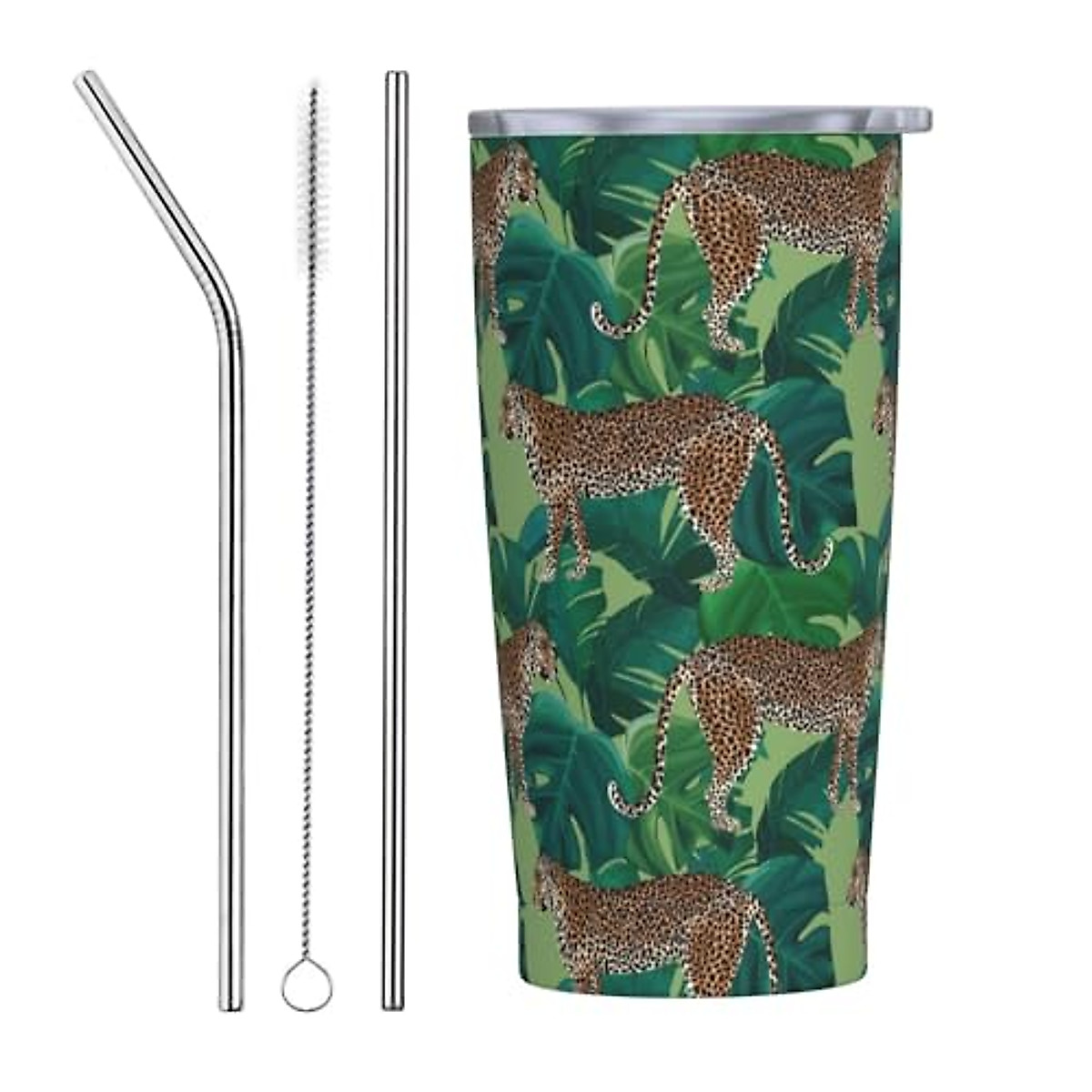 20oz Tumbler Leopard Palm Tree Leaves Double Wall Vacuum Insulated Coffee Mug with Lid and Metal Straw Brush Reusable Stainless Steel Water Bottle Travel Cup Gifts for Car Ice Drinks Hot Beverage
