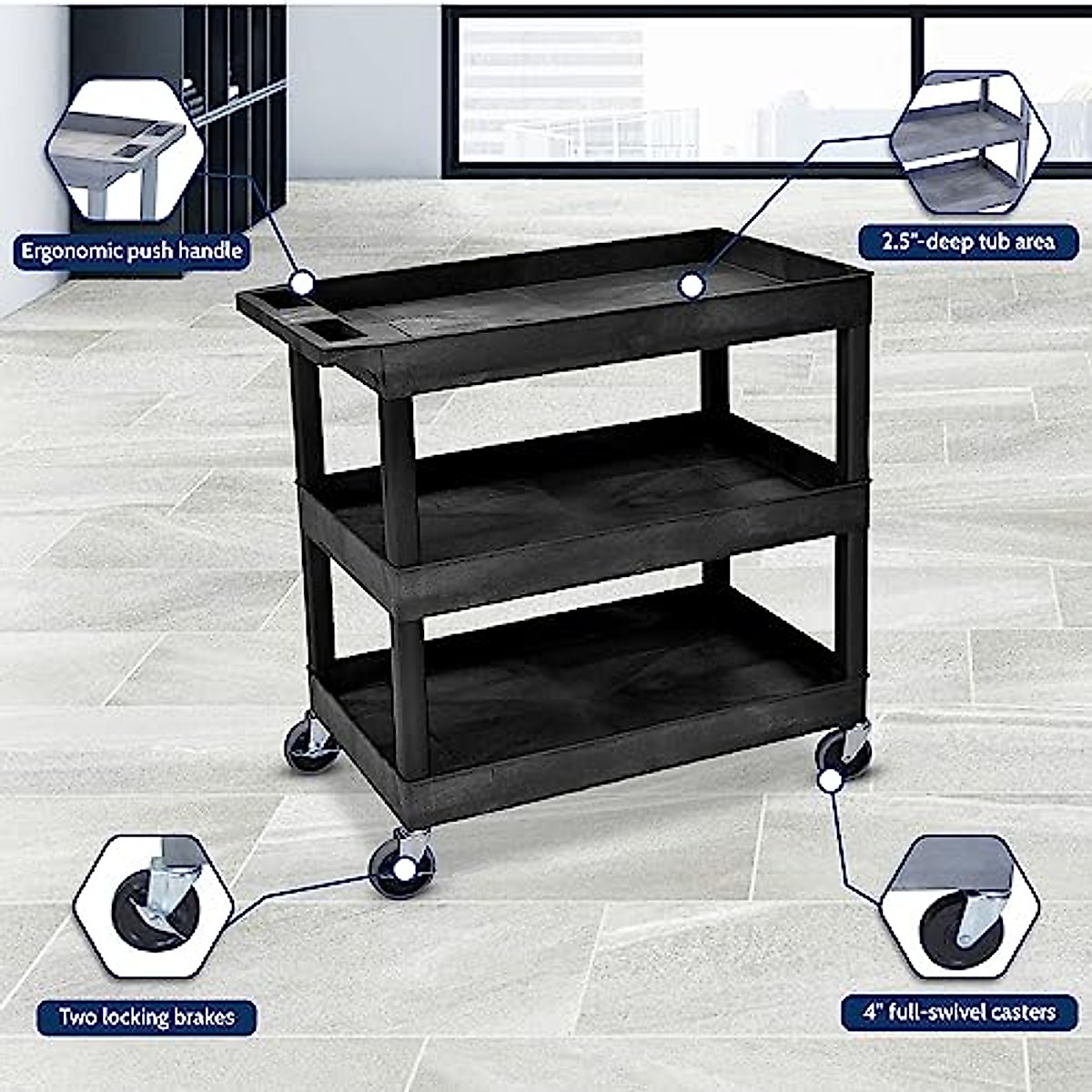 Offex 32" x 18" Mobile Multipurpose Utility Tub Cart with 3 Shelves and Ergonomic Handle - Black, Great for Warehouse, Garage and More