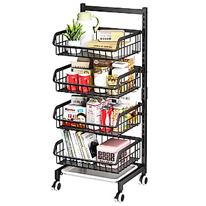 4 Tier Rolling Cart, Adjustable Metal Storage Utility Cart on Wheels for Office Kitchen Laundry Bathroom Bedroom, Black