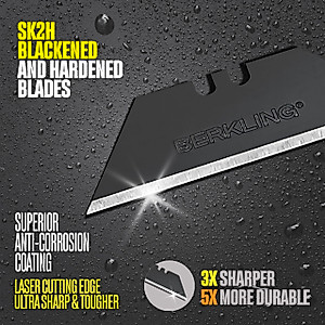 Berkling Utility Knife Blades 50 PCS With Dispenser, SK2H Laser Sharpened Hardened Black Carbon Steel, Ultra 3X Sharper, and 5X More Durable, Standard T-Shape Replacement Box Cutter Razor Blades