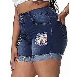 Rubugil Women's Plus Size Casual Denim Shorts High Waisted Stretchy American Flag Patched Folded Hem Jean Shorts Dark Blue 16W