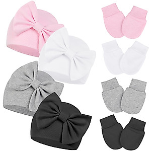 Century Star Newborn Girls Hats Baby Hat and Mitten Set Big Bow Knit Infant Headbands Winter Baby Hat for Girls A White & Pink & Grey & Black 0-3 Months