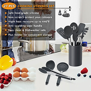 LIANYU 27 PCS Cooking Kitchen Utensils Set with Holder, Silicone Kitchen Utensils Spatula Set with Stainless Steel Handle, Kitchen Cooking Gadgets Tools for Nonstick Cookware Set, Heat Resistant, Gray