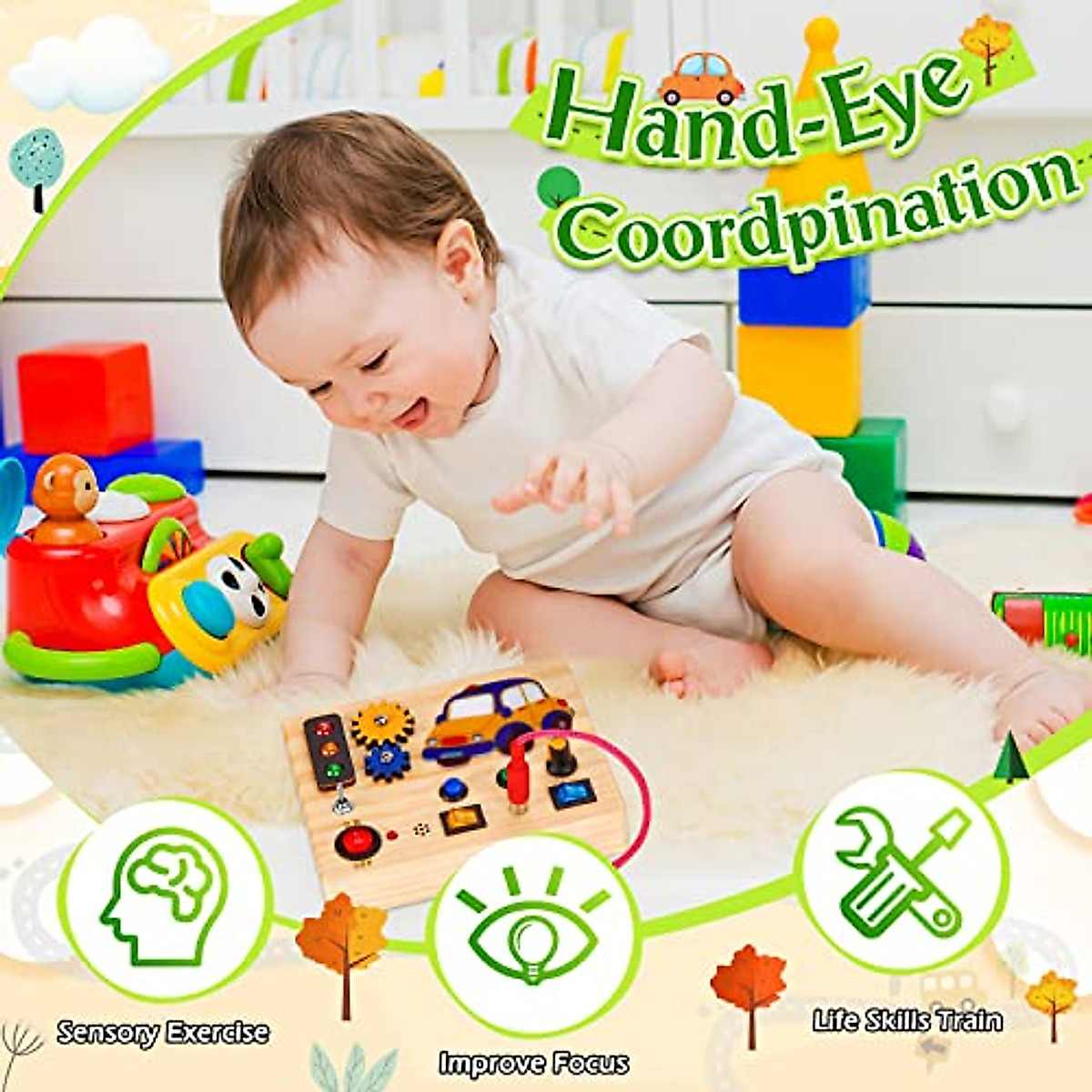 Auney Montessori Busy Board with Traffic Led Lights,Wooden Sensory Toys for Toddlers 1-3,Baby Travel Toys with 7 Different Led Lights Sound Button,Educational Toys for 1+ Year Old Boy Car Style Gift