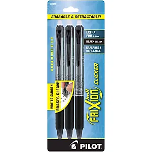 PILOT FriXion Ball Clicker Erasable Gray Barrel Pen, Extra Fine, 0.5 mm, Black Gel Ink, 3 Pack (14288)