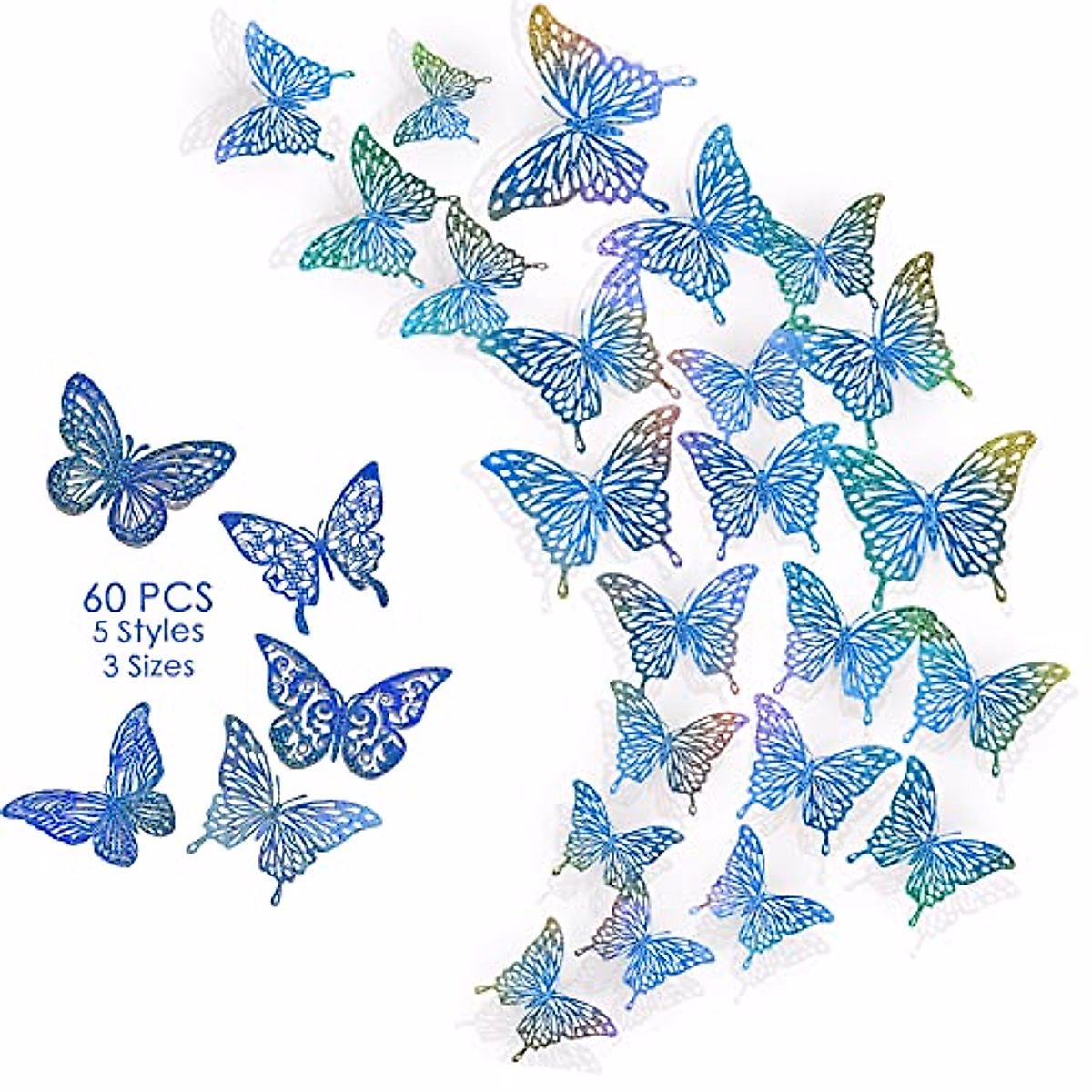 Formano 3D Butterfly Wall Decor, 60 Pcs 5 Styles 3 Sizes All-Round Upgraded Design Glittering Sparkling Rainbow Shinny Butterfly Decorations with Traceless Stickers -Blue