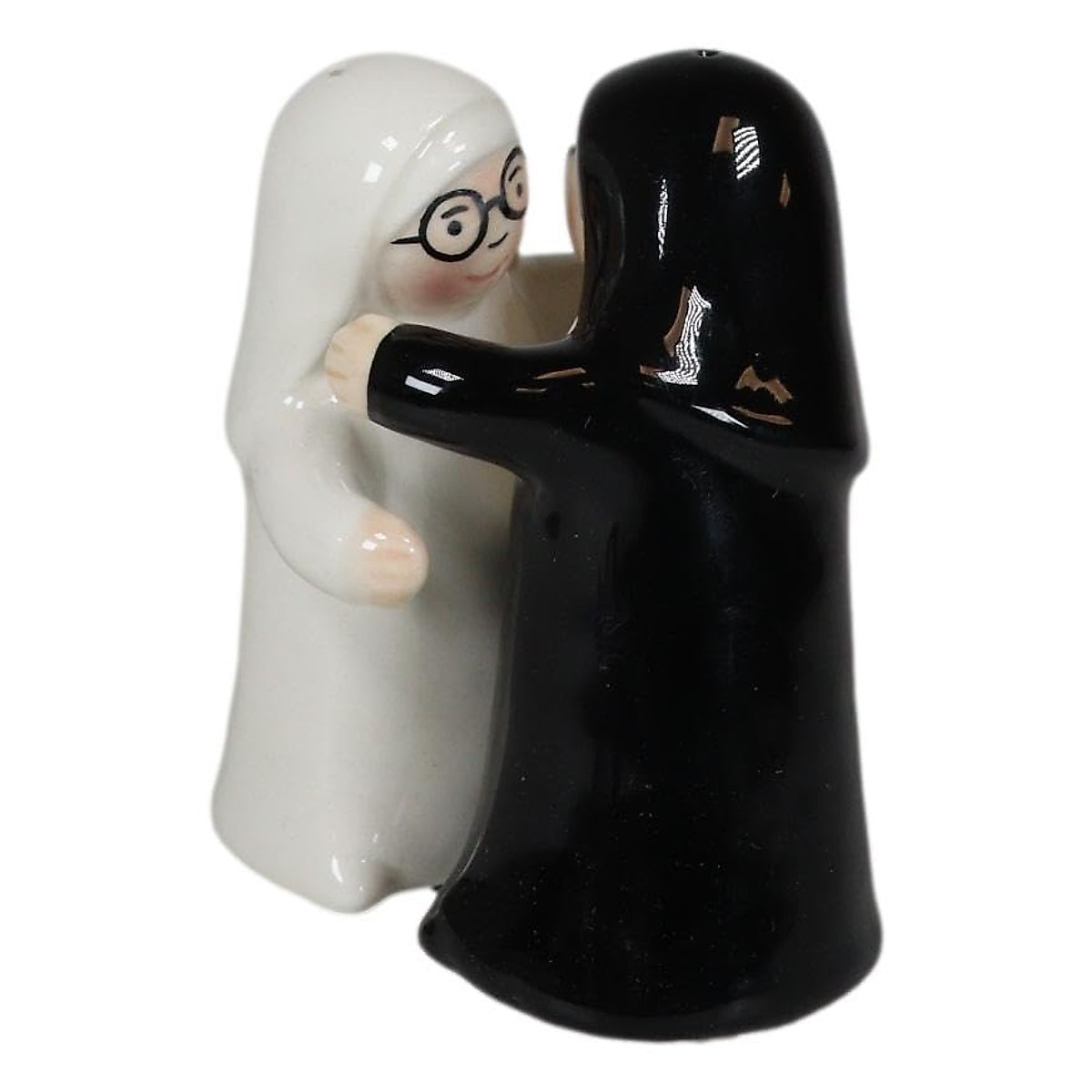 Ebros Gift Black And White Dressed Nuns Dancing Salt And Pepper Shakers Ceramic Figurine Set 3.5"H Hugging Nun Religious Inspirational Funny Themed Accents