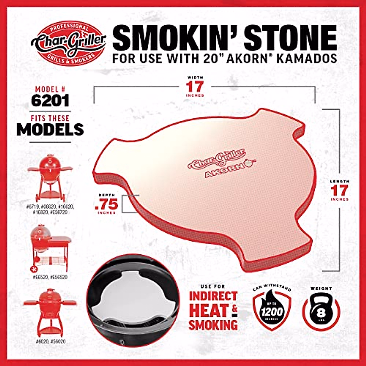 Char-Griller 6201 AKORN Smokin Ceramic Smoking Stone, 15”L x 15”W x 1”H ...