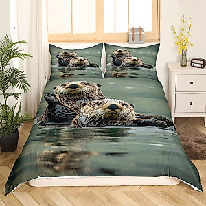 Castle Fairy Cute Otter 3D Print Duvet Sets Queen Wild Animal Otter Swimming Bedding Cover Teens Youngs Microfiber Soft 3 Pieces Comforter Sets(1 Duvet Cover 2 Pillow Cases),No Comforter