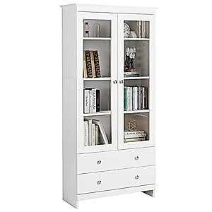 YIGOBUY White Bookcase with Glass Doors Tall Display Cabinet Wooden Bookshelf Organizer for Home Bedroom, Living Room, Office, Library with Doors, White Freestanding Kitchen Pantry