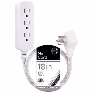 Cordinate Designer Mini 3-Outlet Power Strip, 18 in Braided Extension Cord, Grounded Adapter, Low-Profile Flat Plug, UL Listed, White/Gray, 47297