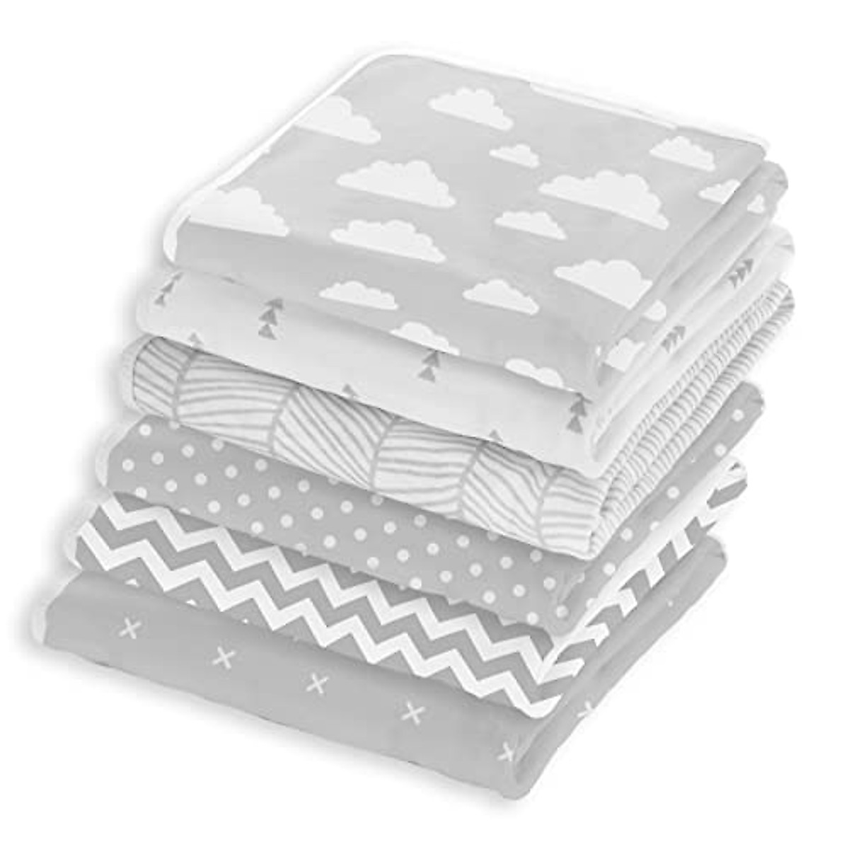 Baby Blankets – Soft Pure Cotton Blankets – 6 Pack of Breathable Swaddle Blankets – Unisex Baby Swaddle Blanket for Boys and Girls in Grey White Designs – Multi Use Blankey – 30 x 30 inches