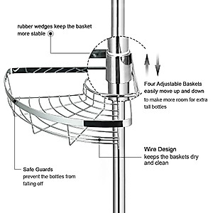 Lucalda Corner Shower Caddy Tension Pole, Stainless Steel Pole Organizer, Rustproof Shower Corner Shelf, Adjustable Shower Shelf with 4 Tier Baskets and 1 Towel Bar, 59-110 Inches, Silver
