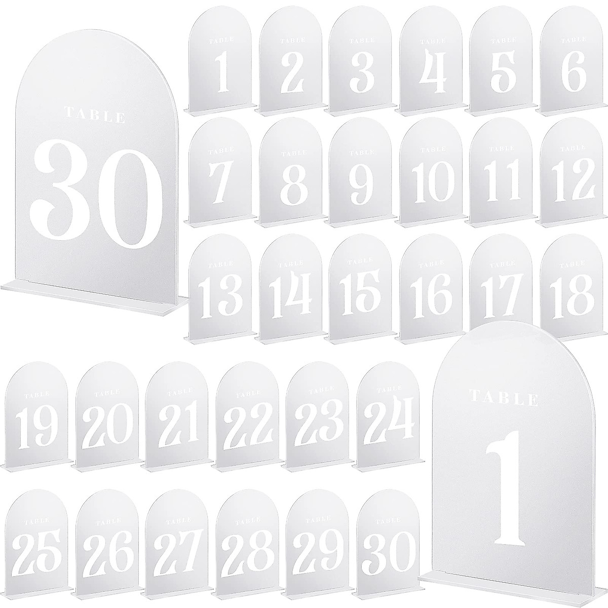 30 Sets Frosted Arch Wedding Table Numbers with Stands 1-30 Acrylic Table Signs 5 x 7 Inch Numbers Signs and Holders for Centerpiece Reception Decoration Party Anniversary Event