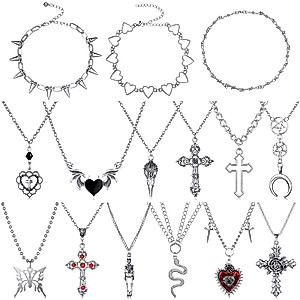 Janmercy 15 Pcs Gothic Grunge Necklace Set Goth Punk Rock Vintage Y2k Harajuku Silver Chain Choker Necklace Jewelry Costume Accessories for Women Teen Girls