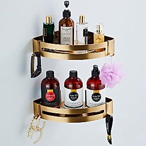 Bathroom Corner Shelf 2-Pack Shower Caddy Kitchen Organizer Wall Mounted Shampoo Holder with Hooks Antique Brass Color