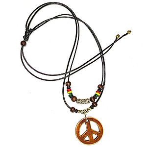 LAVIP Leather Peace Sign Pendant Double Layers Peace Symbol Brown Pendant Necklace Coconut wood Beads