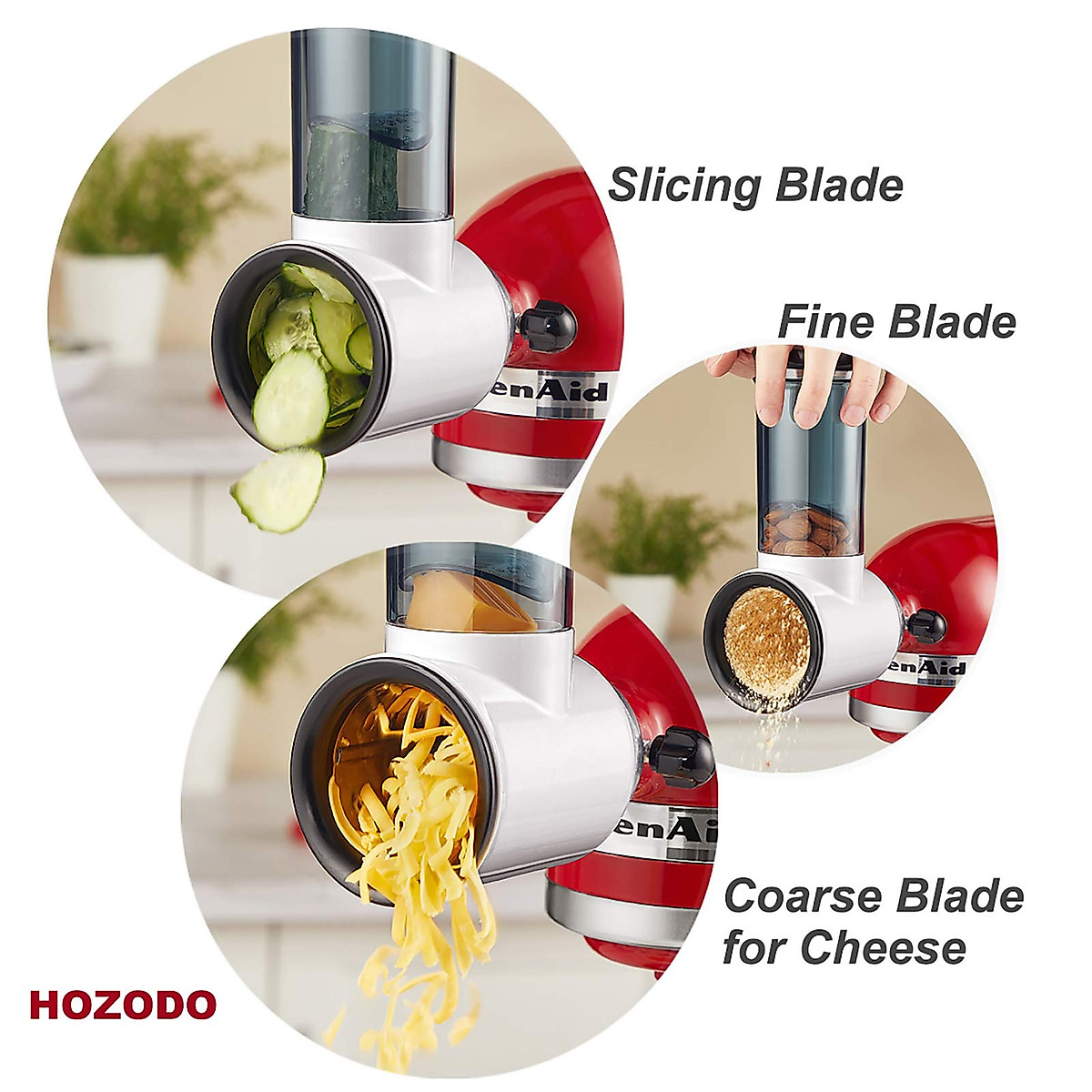 Slicer Shredder Attachment for KitchenAid Stand Mixer, Cheese Grater Attachment for KitchenAid Stand Mixer, Food Processor with 3 Blades by Hozodo