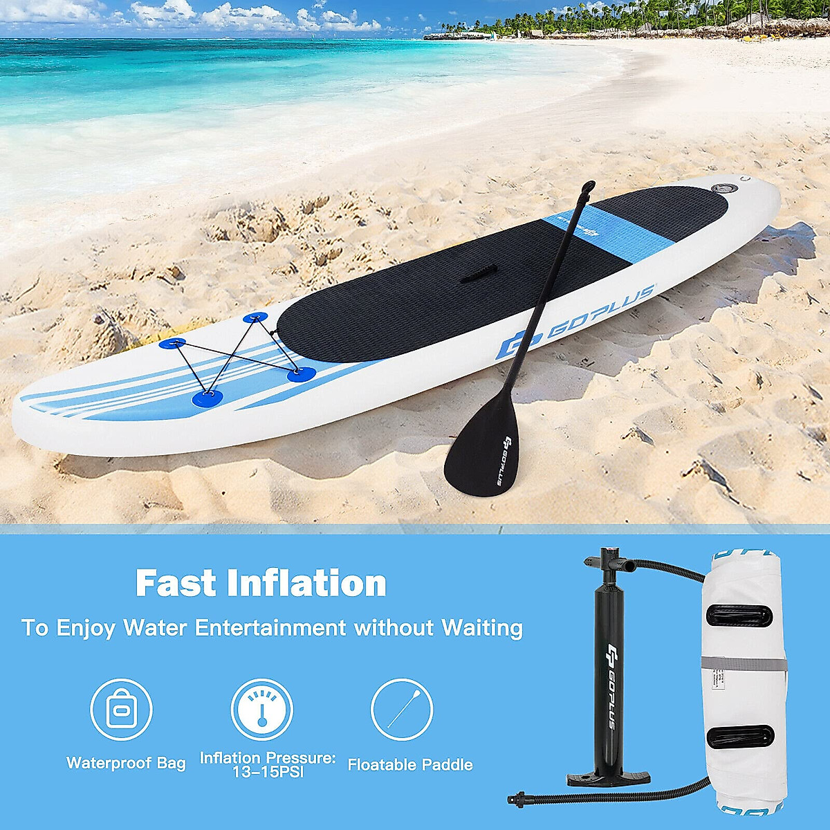 Goplus Inflatable 10' StandUp Paddle Board Package w/ Leash Fin Adjustable Paddle Pump Kit Carry Backpack, 6" Thick