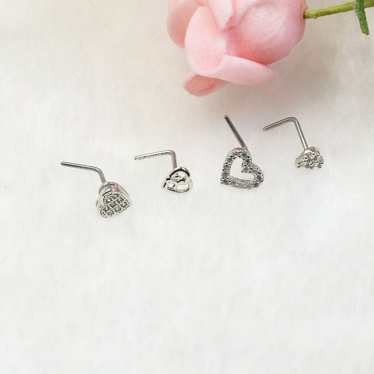 FLOGWE 20G 4PCS Nose Ring Studs 316L Heart Nose Ring Studs Heart Nose Stud Surgical Steel CZ L-Shaped Piercing Jewelry……