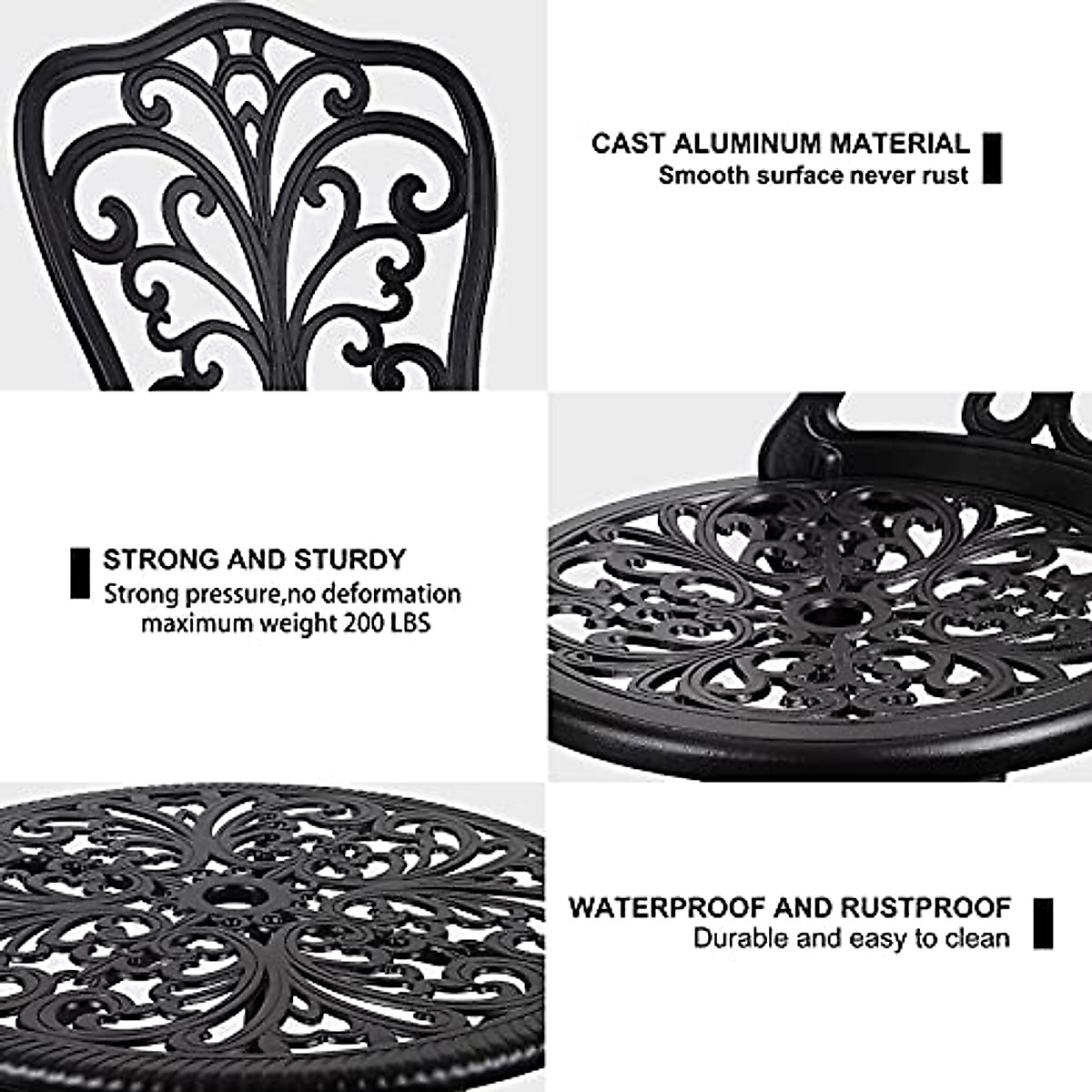 Polar Aurora 3 Piece Aluminum Patio Bistro Set Cast Aluminum Bistro Table Set Outdoor Round Dining Table with Umbrella Hole for Porch, Lawn, Garden, Backyard, Pool, Classic Black