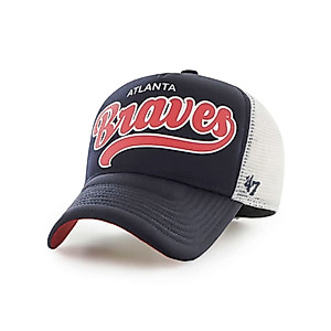 '47 Atlanta Braves Hat Womens Adjustable Trucker Hat Foam Mesh Baseball Cap, Snapback, Navy Blue, One Size