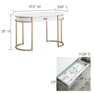 Leick Home 85405 Oval Metal Leg Desk with Drop Front Keyboard Drawer, Cottage White/Gold