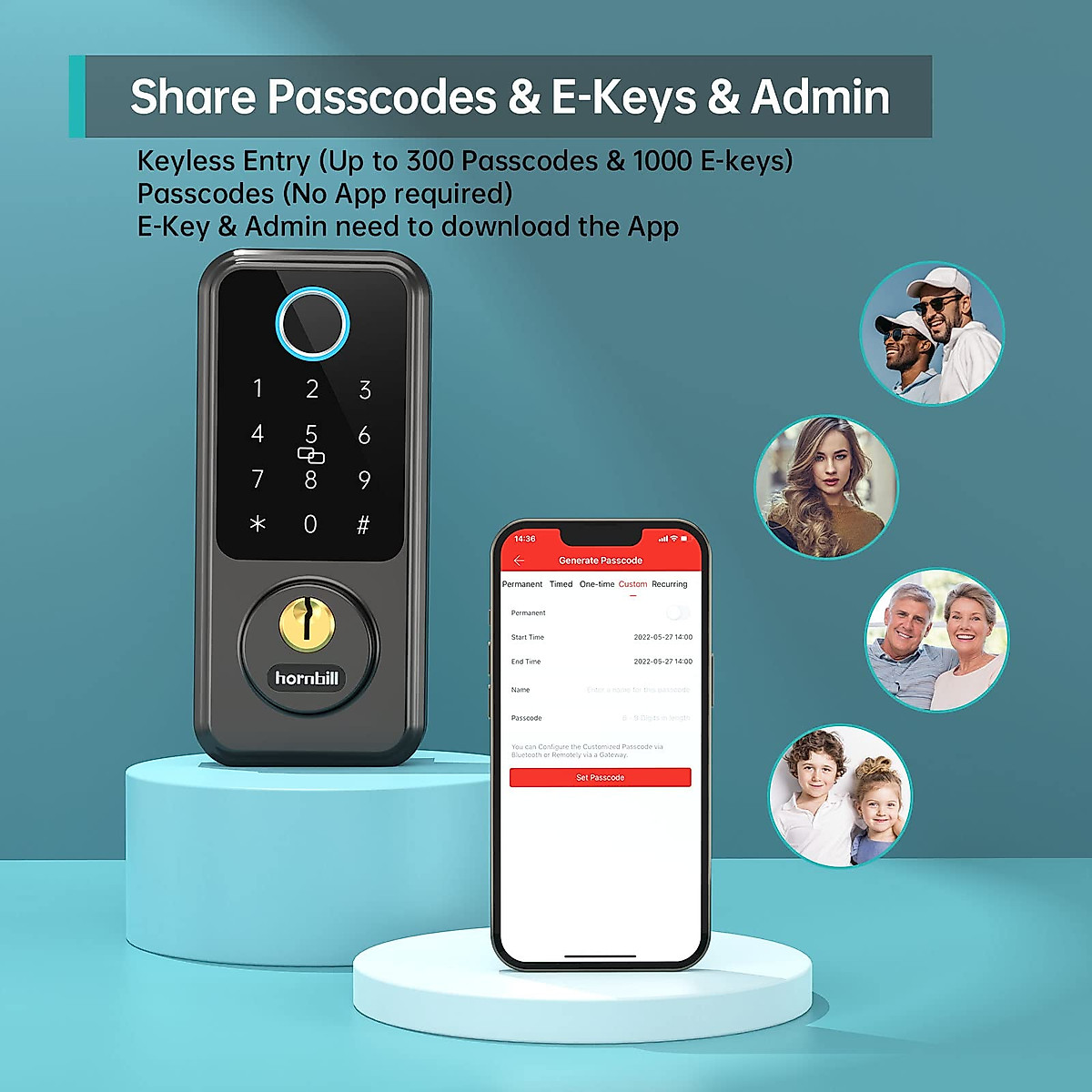 Hornbill Smart Lock with Front Door Handle Set - Keyless Entry Door Lock with Handleset - Smart Deadbolt Door Lock for Front Door - Bluetooth Door Lock with Keypad - Fingerprint Biometric Auto Lock