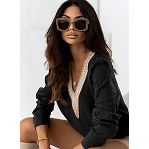 miduo Womens Long Sleeve V Neck Guipure Lace Panel Ladies Warm Ribbed Knit Pullovers Sweaters Jumper Tops Outerwear Cream White XL