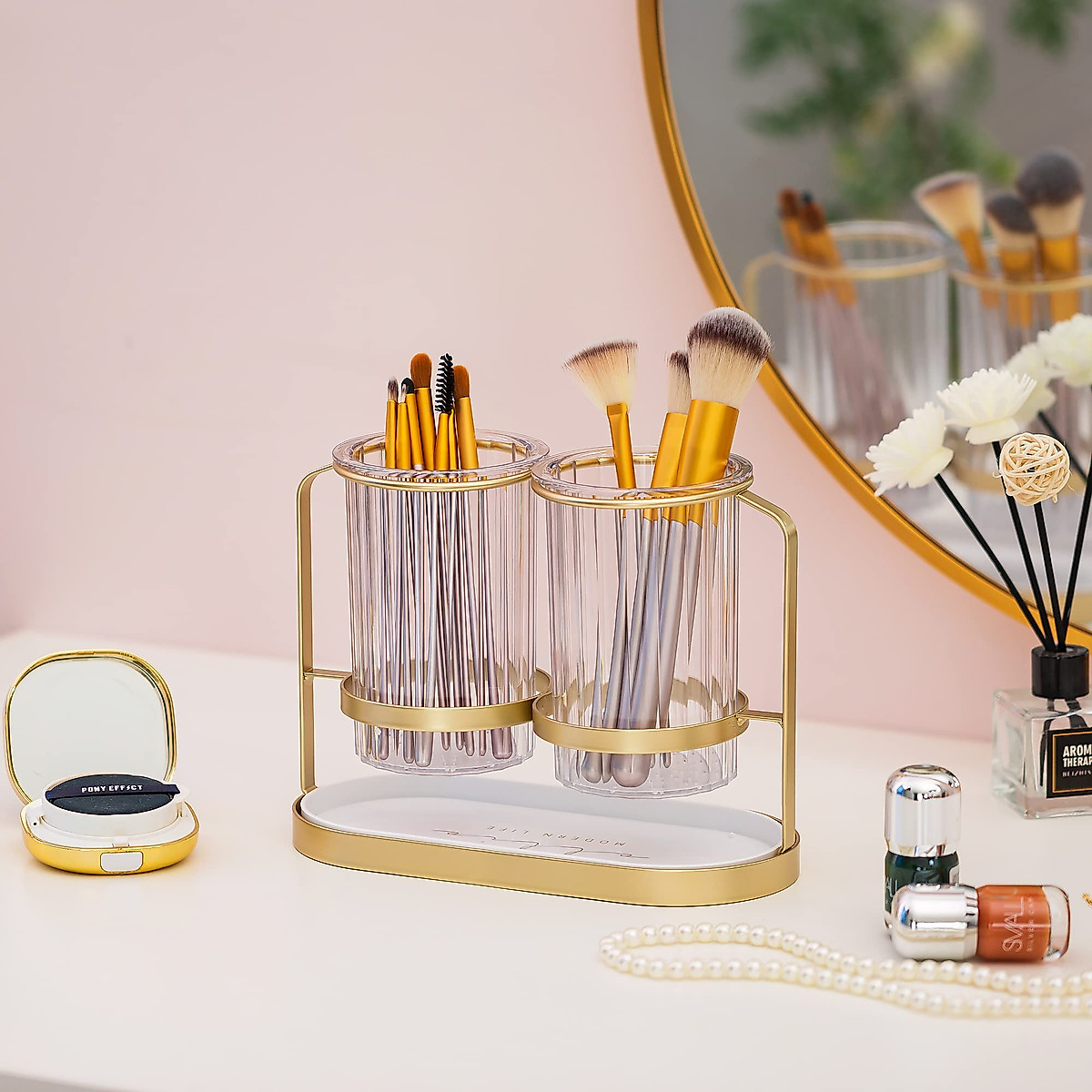 Kitchen Utensil Holder for Countertop 2 Clear White Cups with Gold Iron Frame Cooking Utensil Crock Chic Modern Cutlery Caddy Practical Utensil Pot for Counter for Fork Spoon Knife Flatware Silverware