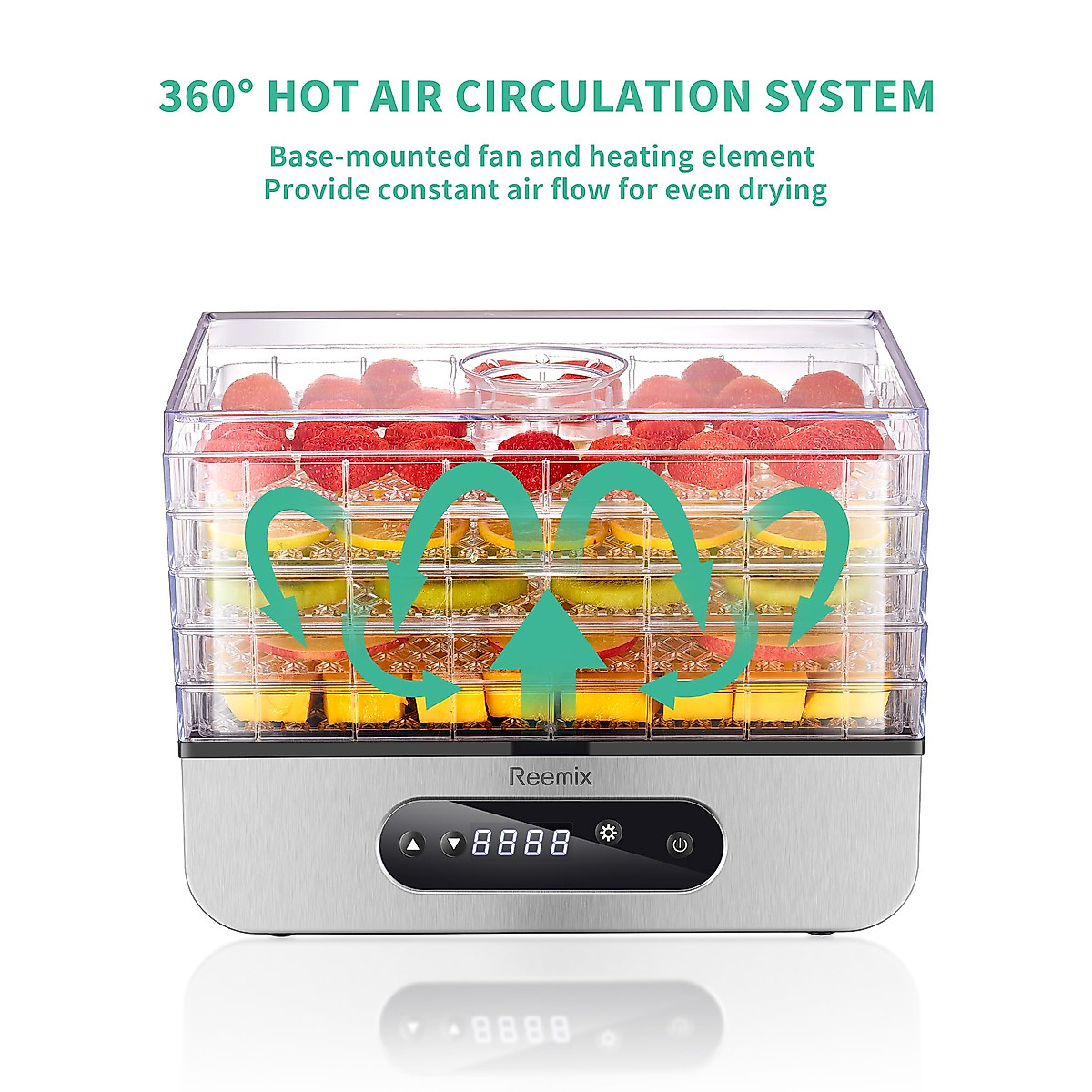 Reemix Food Dehydrator Machine, Compact Dehydrators for Food and Jerky, Fruits, Veggies, 500W Dehydrated Dryer with Temperature Control, 5 BPA-Free Trays Dishwasher Safe, Silver